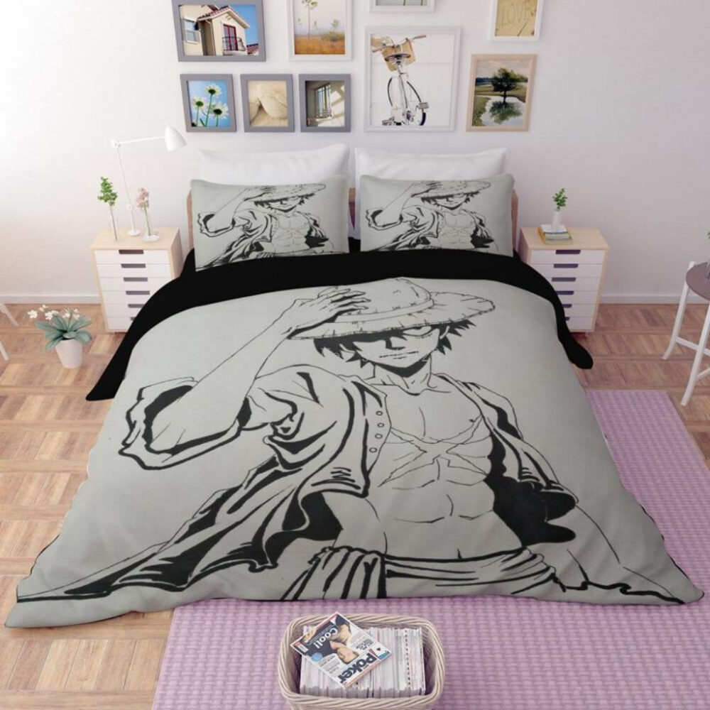 Parure de lit One Piece avec personnage Luffy en noir et blanc - Ma Parure